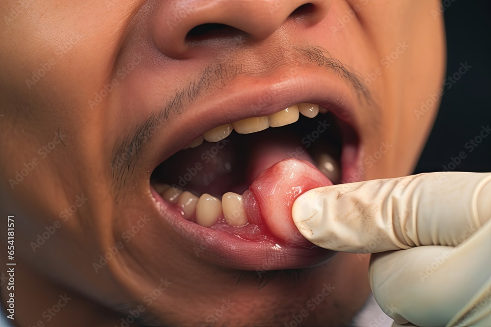 Aphthous ulcer, canker sore or stress ulcer in the mouth of Asian male ...