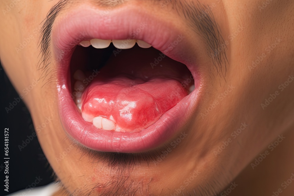 Aphthous ulcer, canker sore or stress ulcer in the mouth of Asian male ...