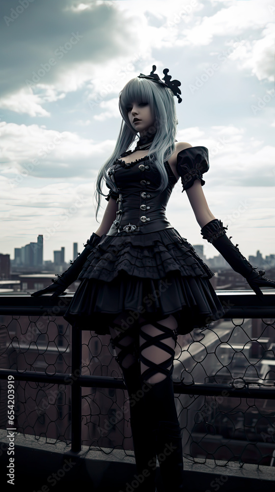 Girl Cosplayer dressed in a Goth Lolita outfit, posing on a rooftop ...