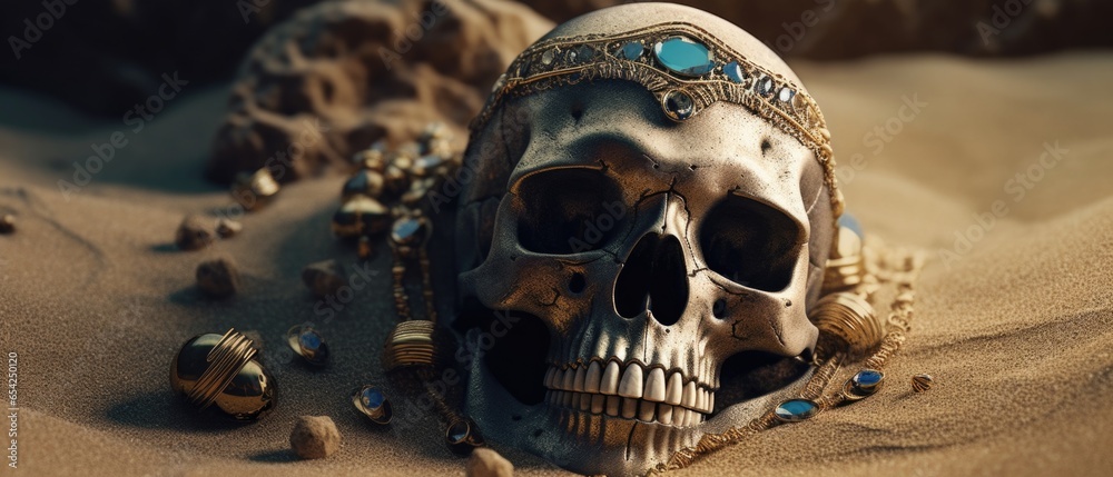 Ancient remnant of a human skull buried in a dusty sandstone tomb ...