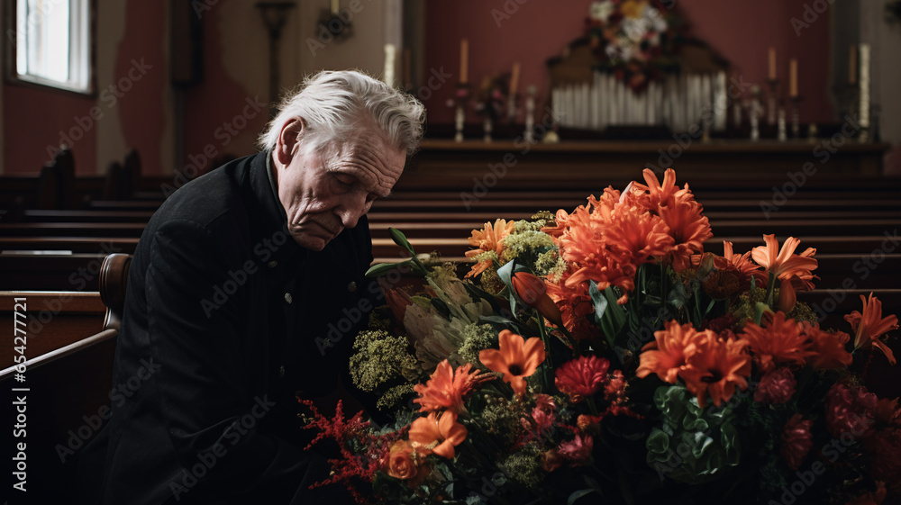 Senior man grieving putting flower bouquet on a coffin in the church ...