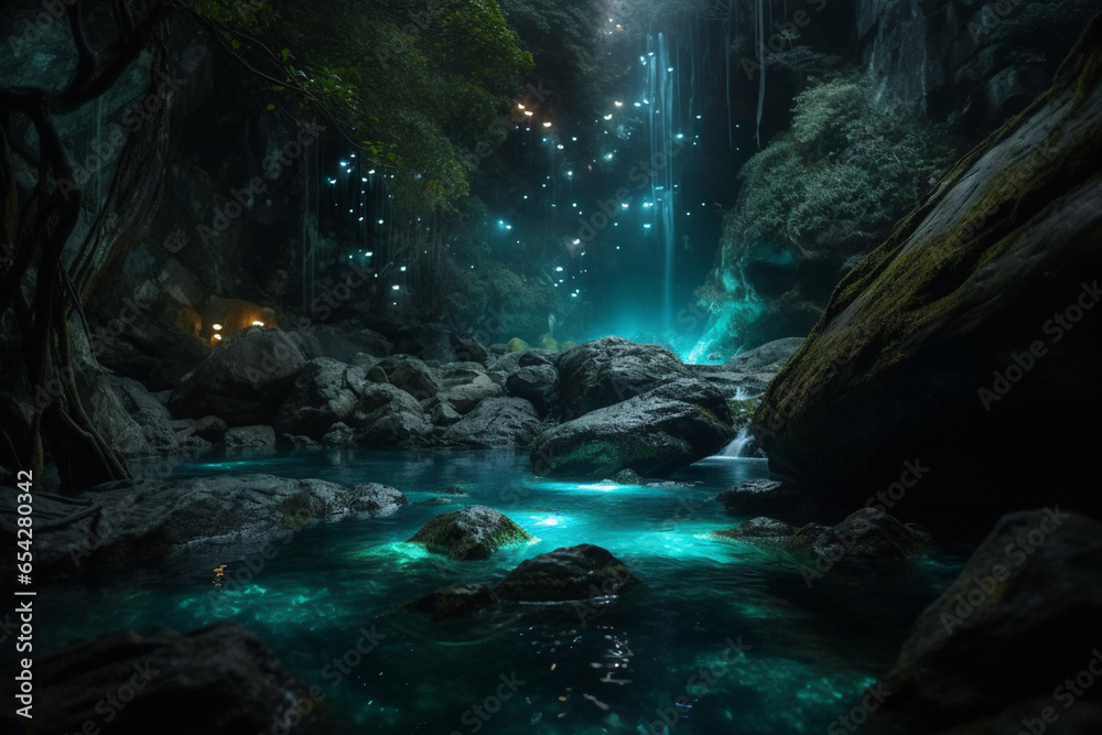Ilustración de Stock Beneath a cascading waterfall, a hidden grotto ...