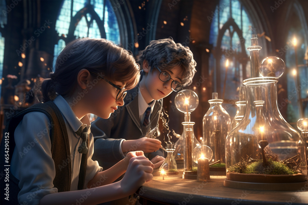 cute students doing experiments at the wizarding school, fantasy world ...