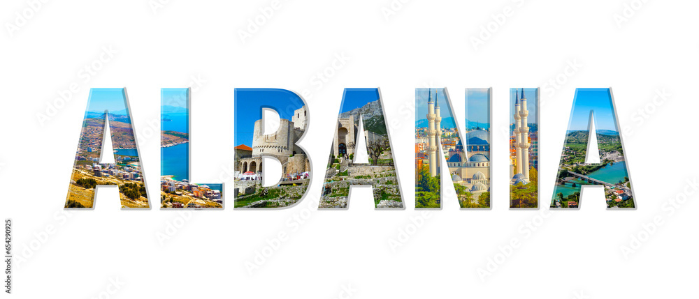 Albania Country letters Text name typography images landmark landscape ...