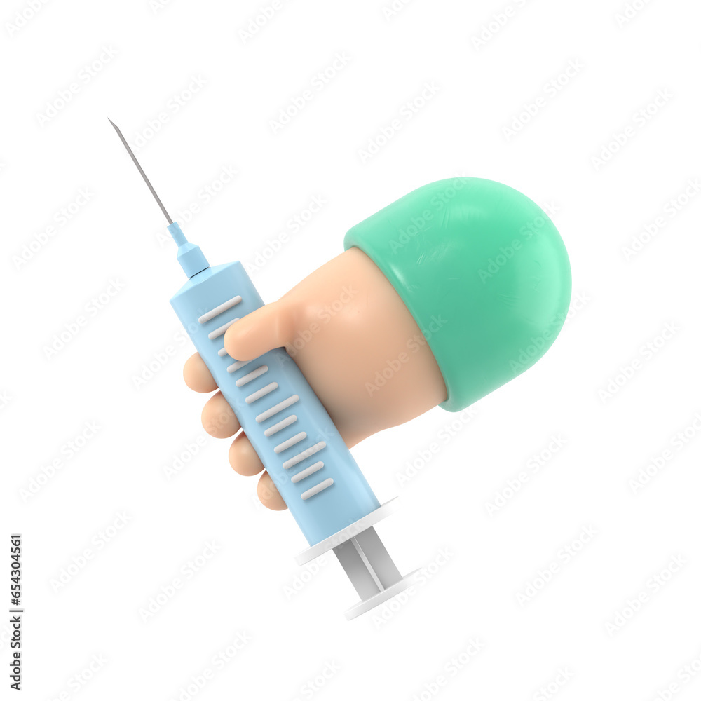 3d render. Doctor cartoon hand holding big syringe with vaccine against ...