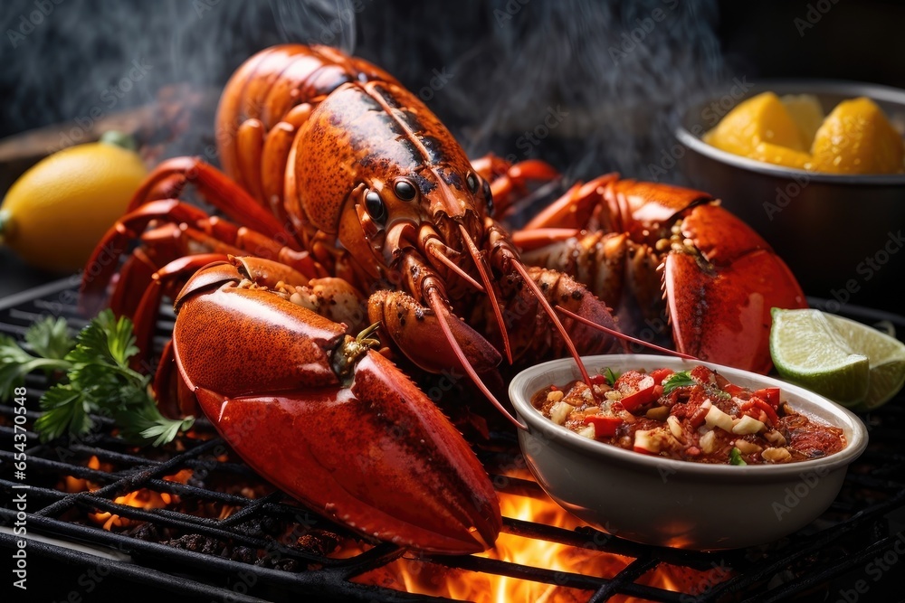 Hyper-Realistic High-Resolution Grilled Lobster Falling onto Barbecue ...