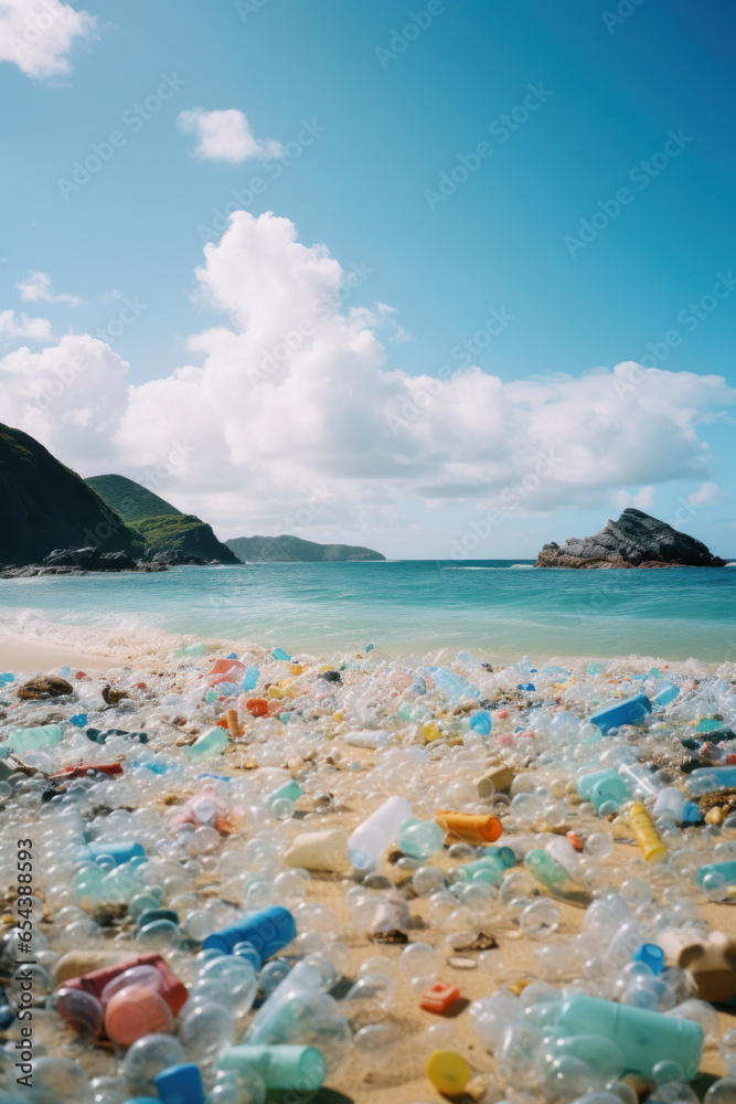 concept art of a beach ocean covered in plastic waste anti consumerism ...