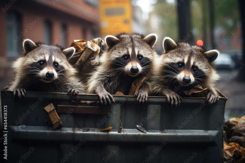 A group of mischievous raccoons caught on camera raiding a garbage can ...