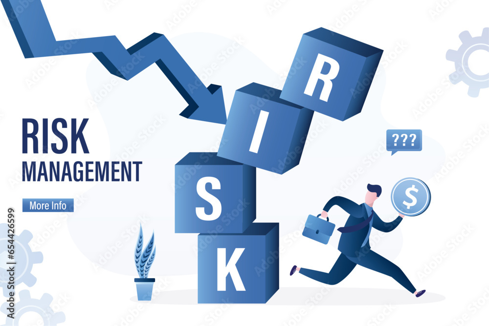 Risk management, landing page template. Businessman run away from ...