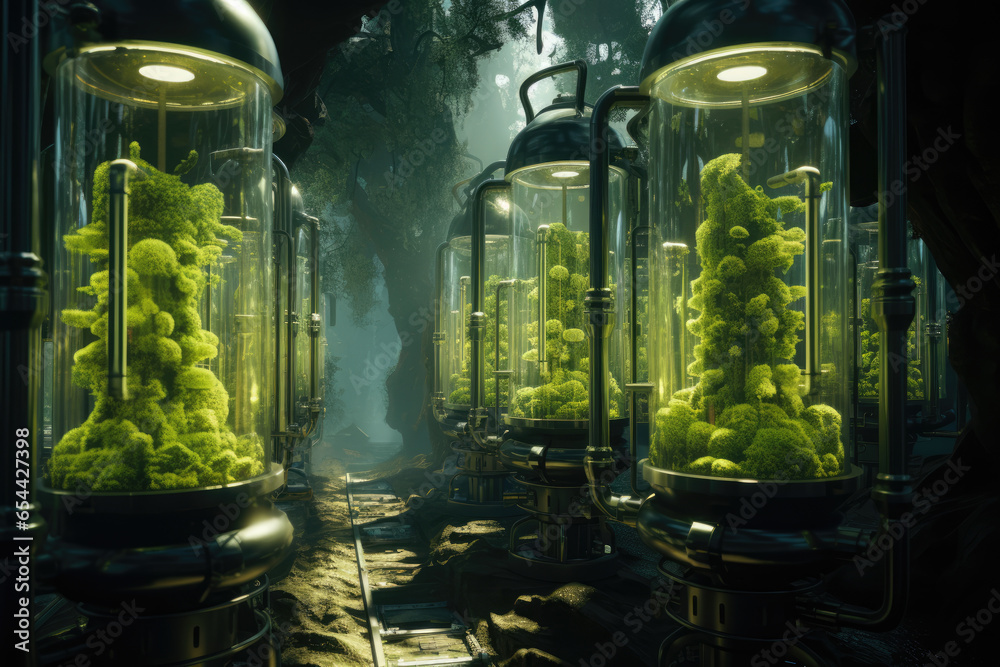A forest of algae bioreactors producing biofuels from microorganisms ...
