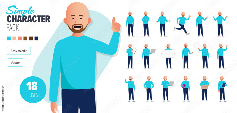 Simple flat 2d bald bearded male vector character in a set of multiple ...