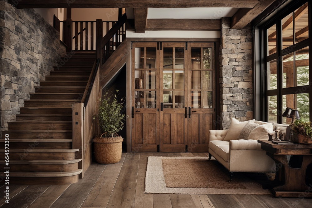 Converted country farmhouse entrance lobby large hardwood staircase ...