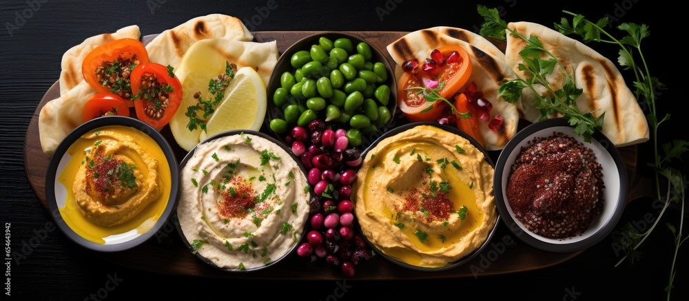 Top view of a colorful spread of fresh delicious cold mezze platter ...