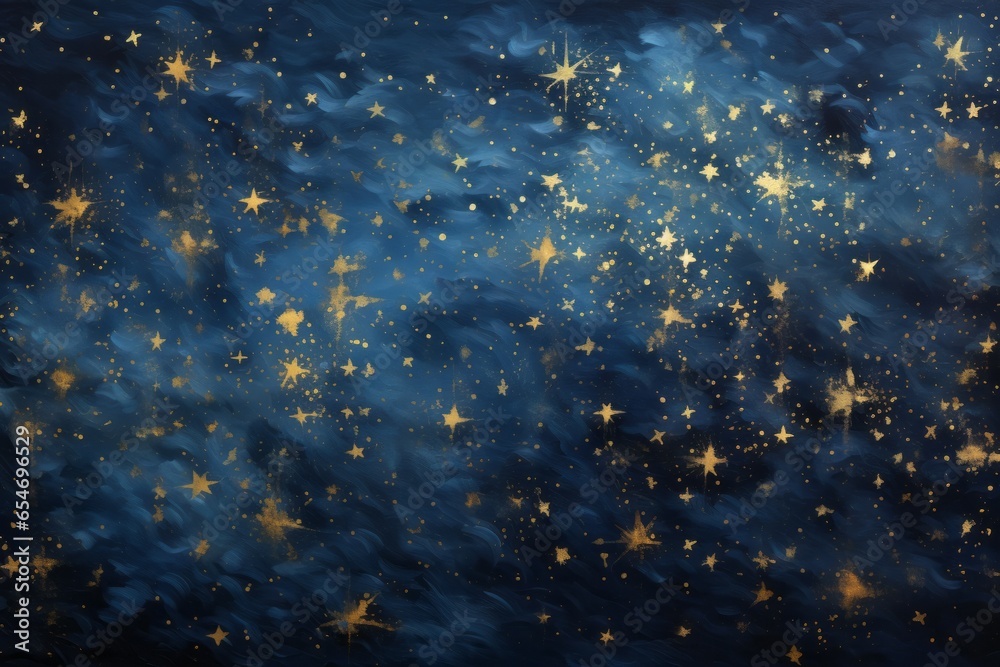Dark blue pattern with gold foil constellations, stars and clouds ...