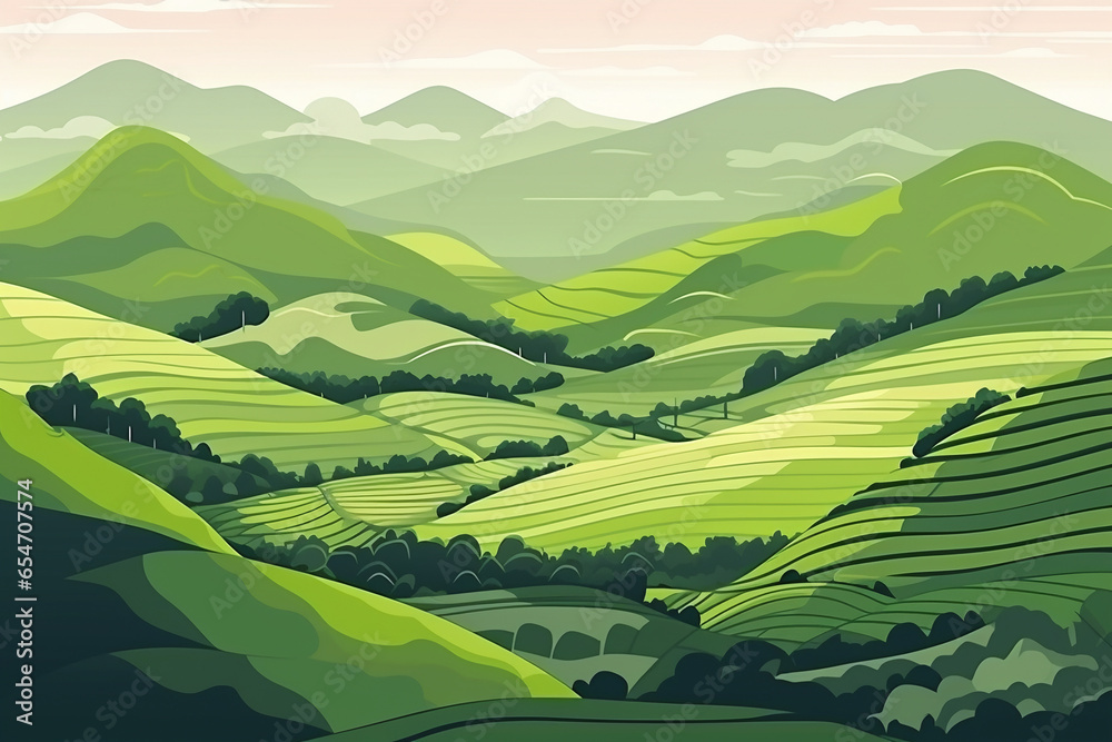 Green tea plantation landscape vector illustration. Cartoon flat rural ...