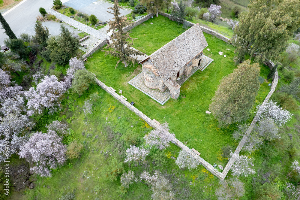 Drone aerial of Greek orthodox church of Panagia Asinou. Nikitari ...