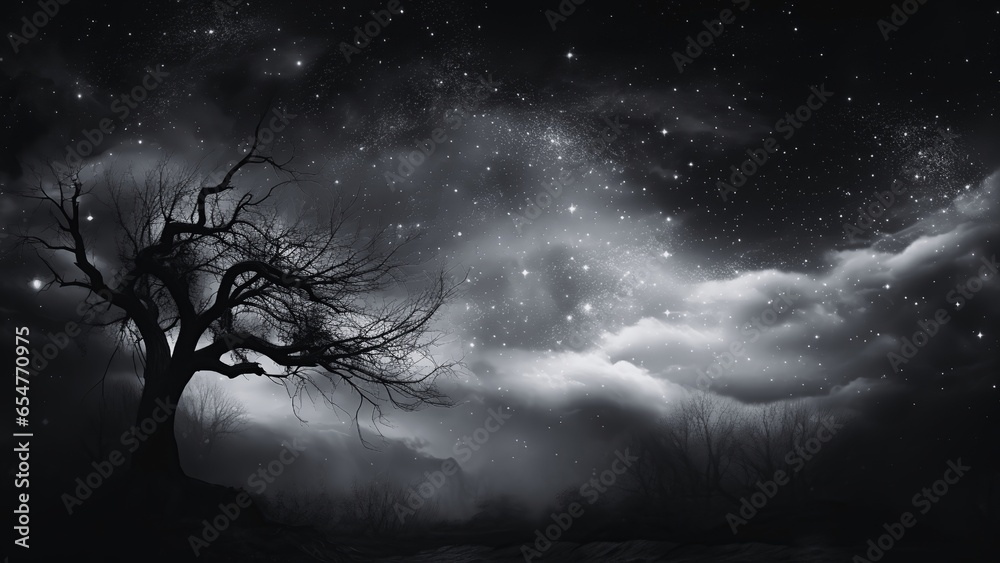 Night sky illuminated by celestial stars over a dark, natural landscape ...