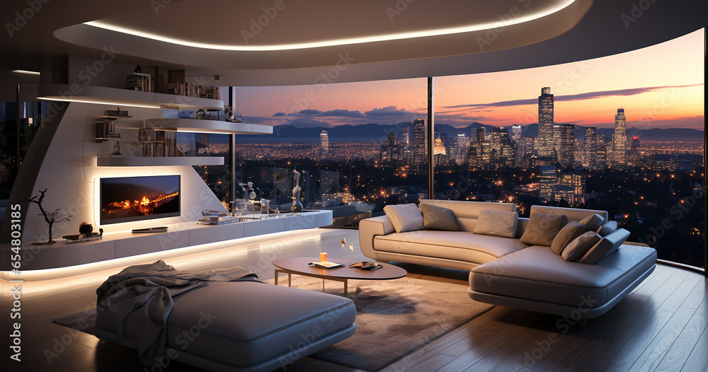 Modern and sophisticated design of the living room, streamlined white ...