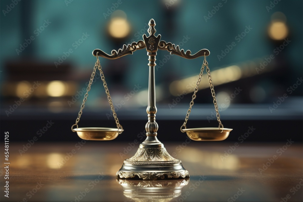 Symbolic scale of justice, blurred backdrop, embodies legal principles ...