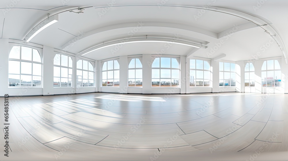 Empty white room with panoramic windows and seamless spherical HDRI ...