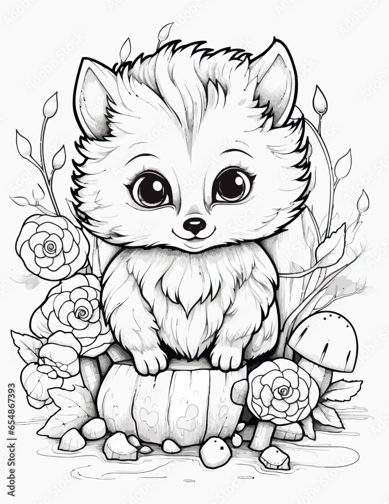 Cute kawaii animal coloring page for kids with nature, Vintage forest ...