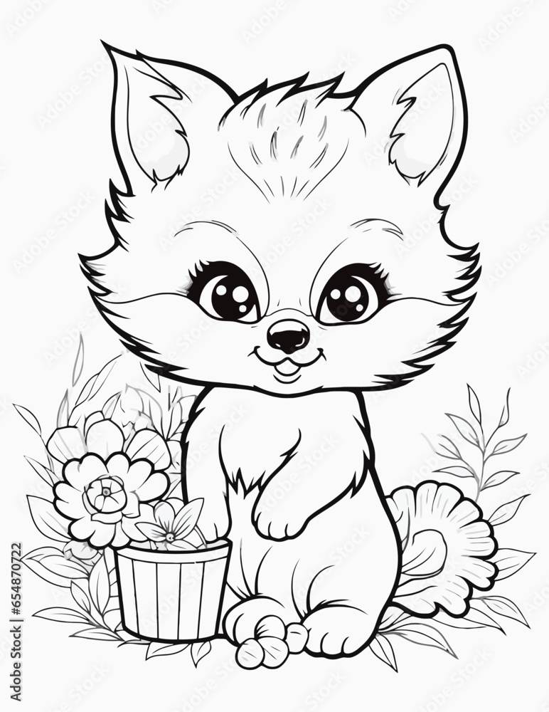 Cute kawaii animal coloring page for kids with nature, Vintage forest ...