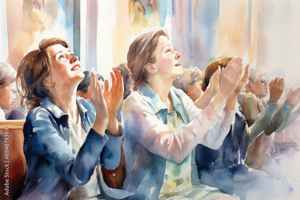 Watercolor illustration of a Group of faithful people in church singing ...