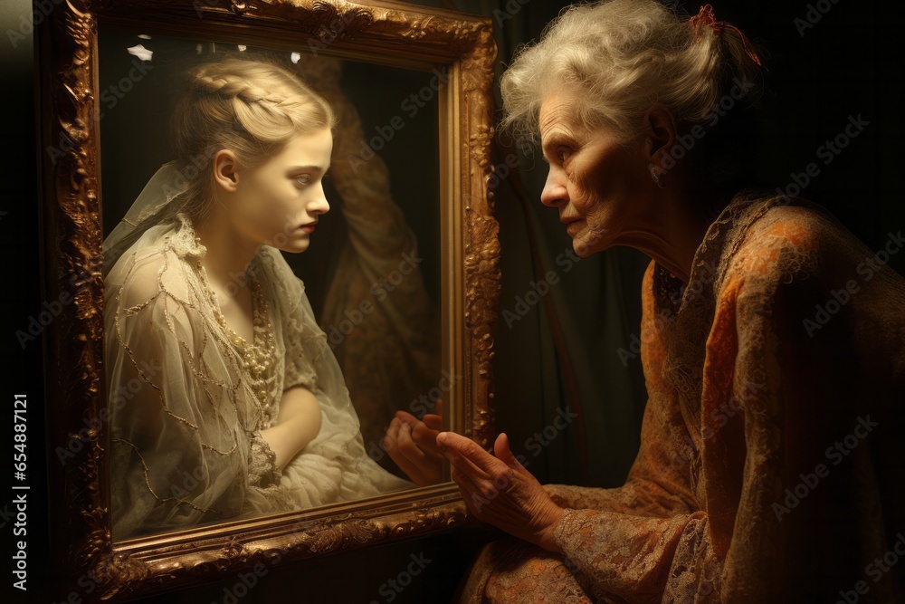 Photo of an elderly woman reflecting on her own reflection as a young ...