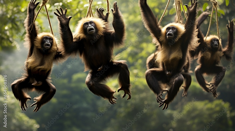 group of agile gibbons swinging through the jungle canopy, their long ...