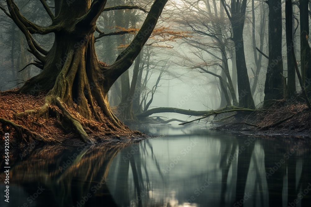 Venture into a surreal forest realm, where dense trees stand shrouded ...