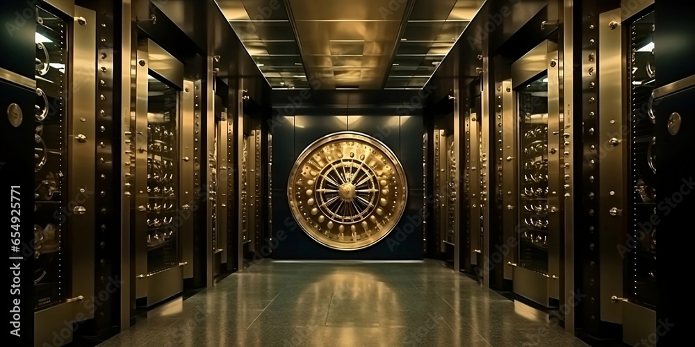 Bank vault door. Safe deposit boxes room in bank vault. Inside in Bank ...