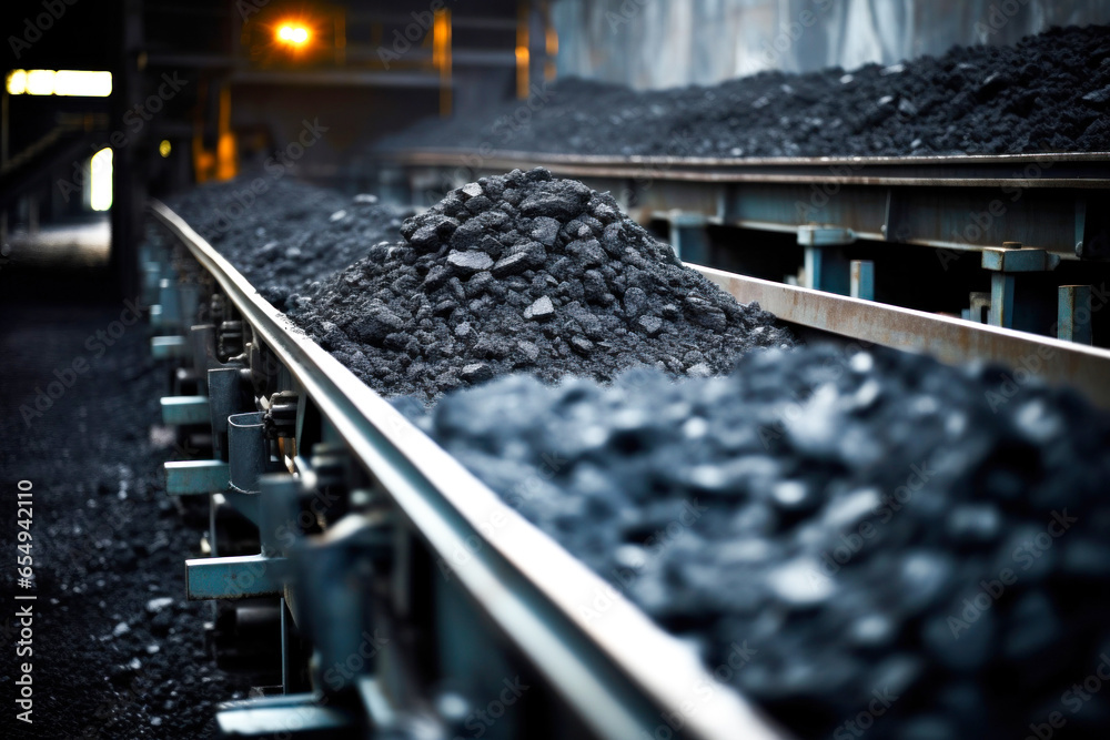 Conveyor filled with stone coal depicts the essence of underground ...