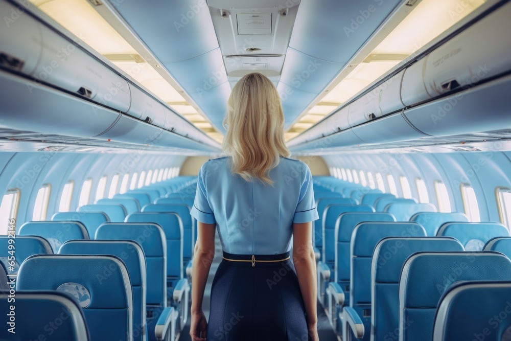 Aircraft interior of a passenger plane. Cabin crew waiting for ...
