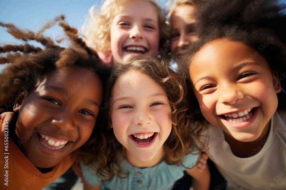group of kids from different backgrounds come together, grinning from ...