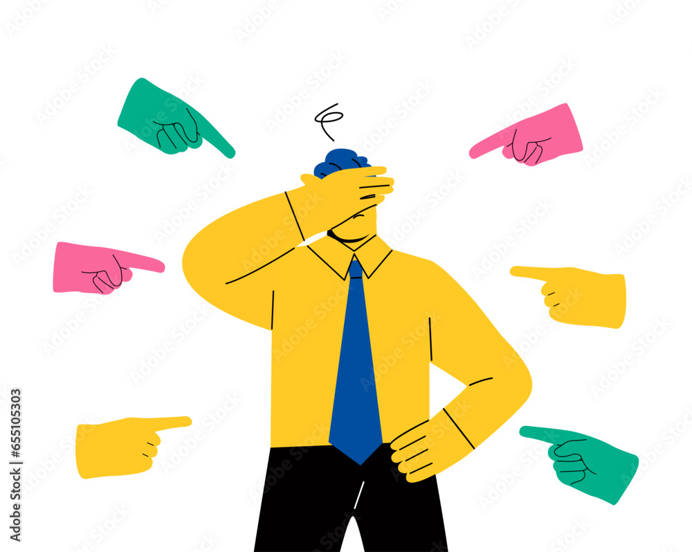 Sad or depressed business man surrounded by hands with index fingers ...