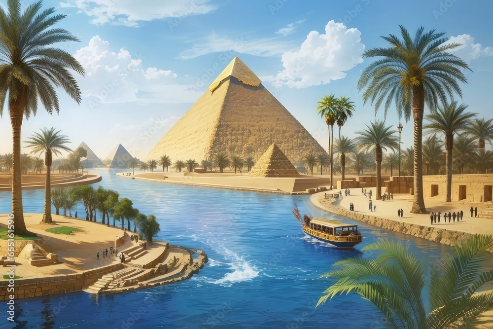 ancient civilized Egypt with the pyramid of Giza and nile flowing Nile ...