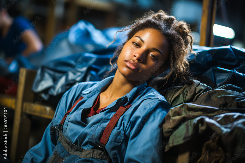 Striking young factory worker displaying signs of fatigue in a third ...