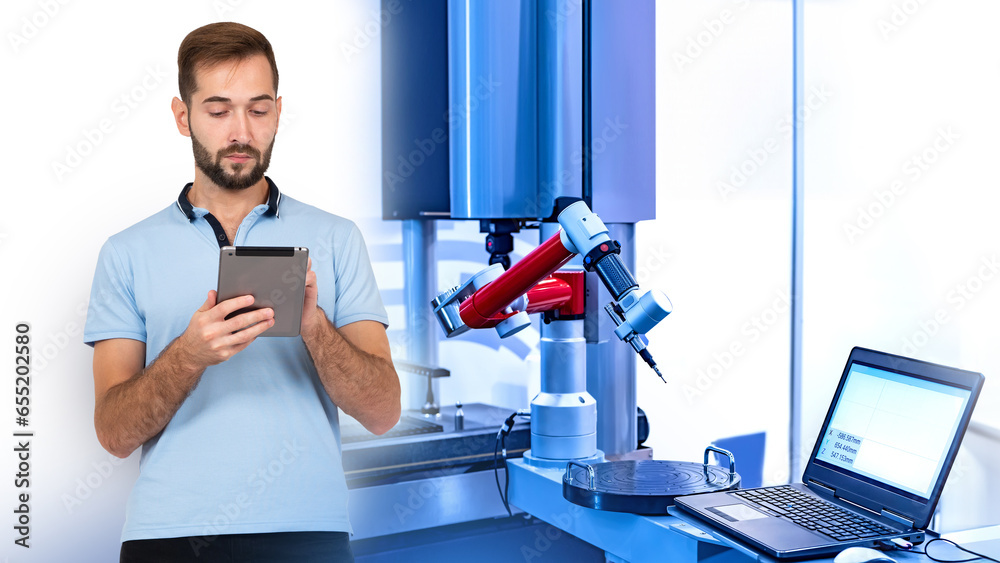 Man engineer. Guy develops industrial robots. Hand manipulator near ...