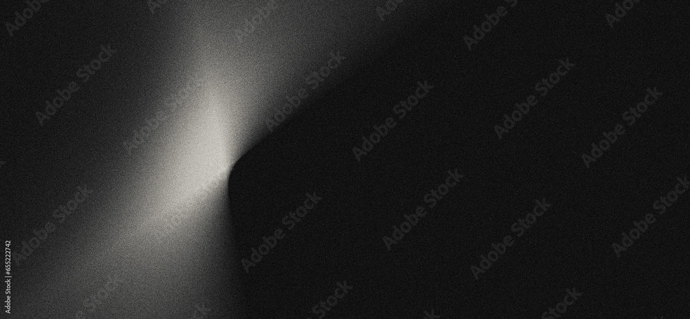 Grey black white glowing abstract gradient shape on black grainy ...