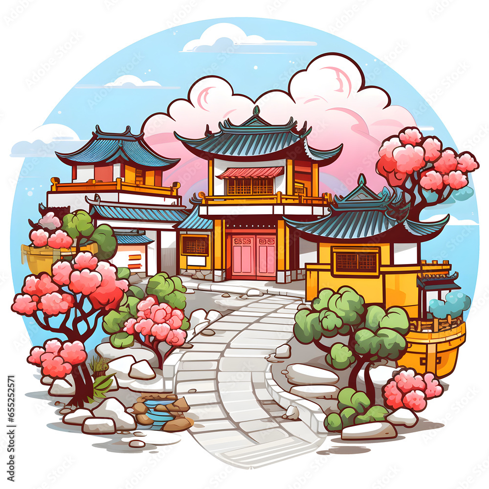 cartoon clipart of Chinese tea house, asian themed clipart, transparent ...