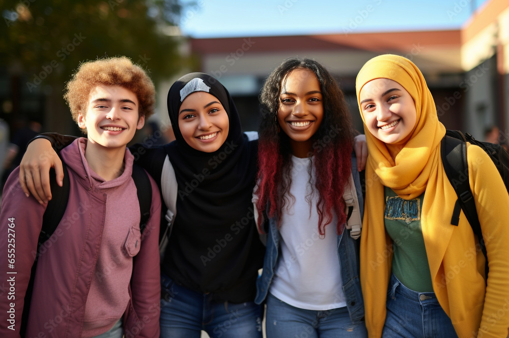 Students at the school yard, a multi-ethnic assembly of teenagers ...