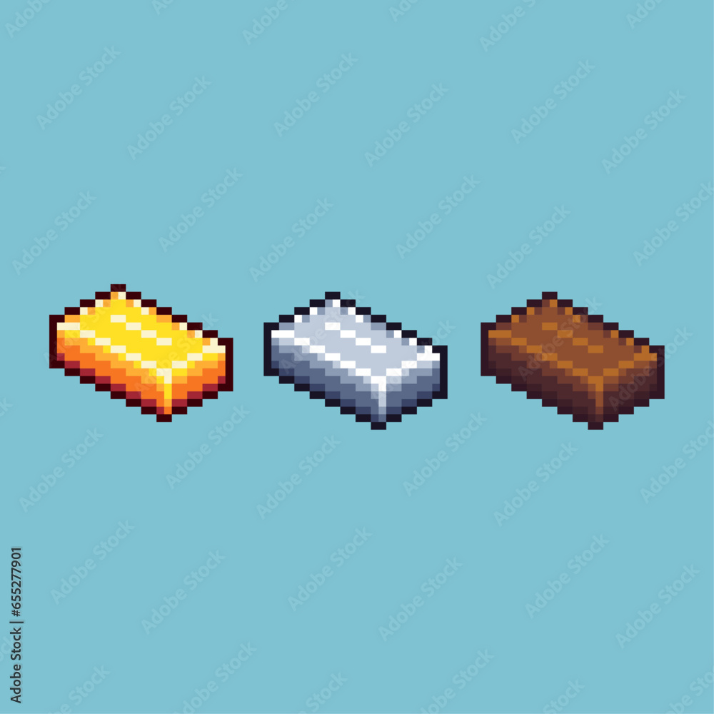 Pixel art sets of gold,silver,and bronze ingot with variation color ...