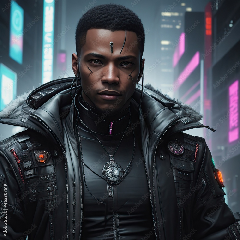 Stock-Foto „A cyberpunk avatar in a neon-lit city. The suit has blue ...