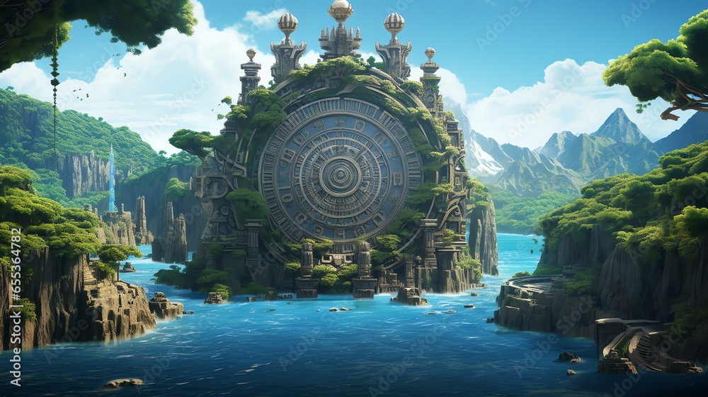 Envision an island where time spirals inwards, with ancient ...