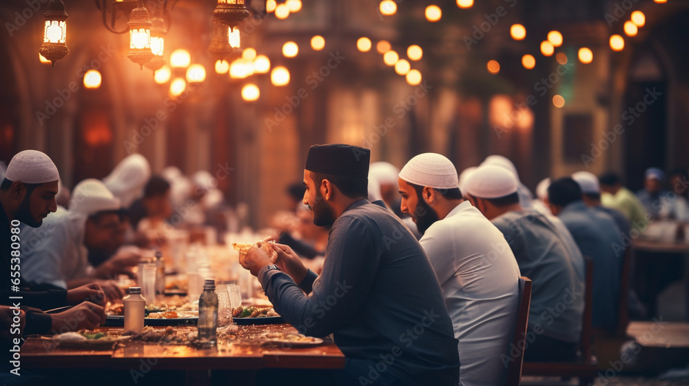 A group of Muslims breaking their fast during Ramadan with warm ...