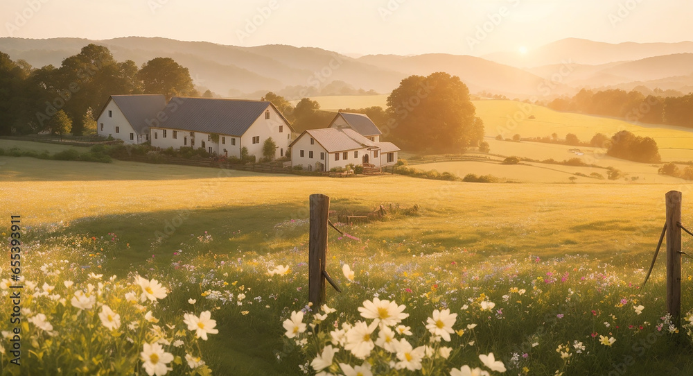 an exquisite, idyllic countryside farmhouse scene that captures the ...