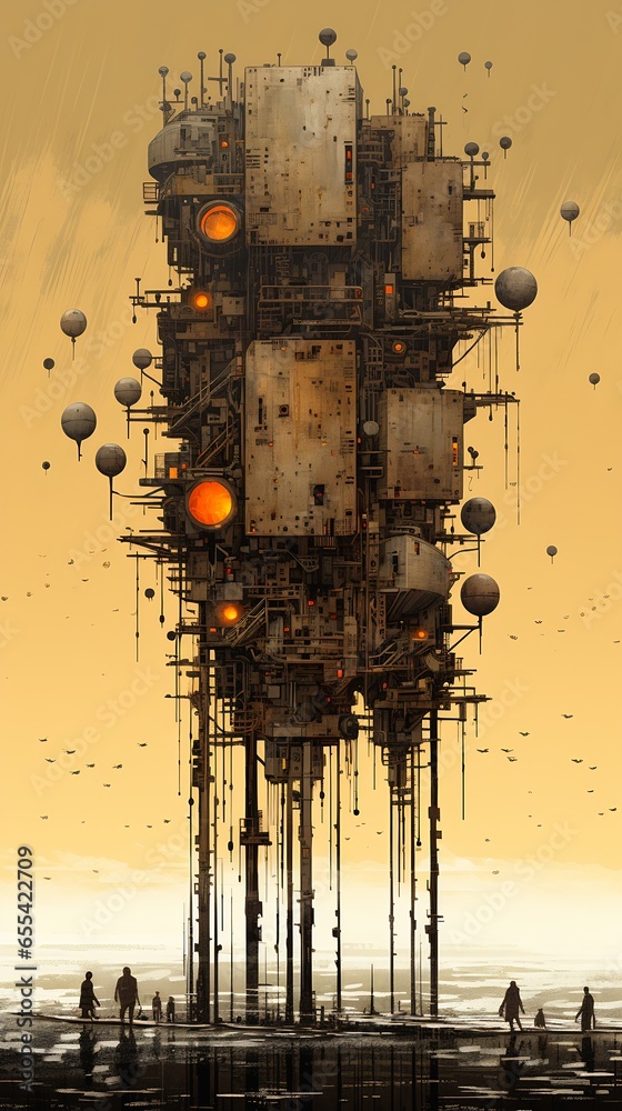 tall building lights military base slums hive floating spheres ...
