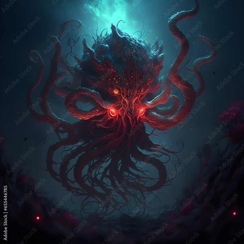 an eldritch abomination with tentacles covered in thorns Deep dark ...
