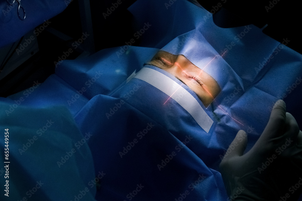 Patient and team of surgeons in the operating room during ophthalmic ...