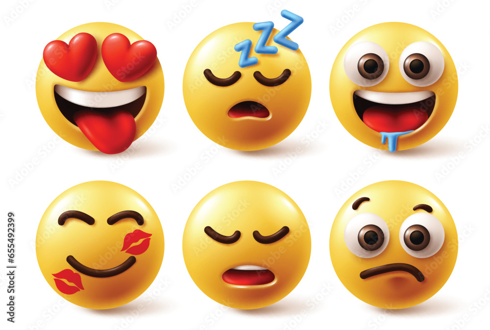 Emoji characters face vector set. Emojis emoticon yellow character in ...